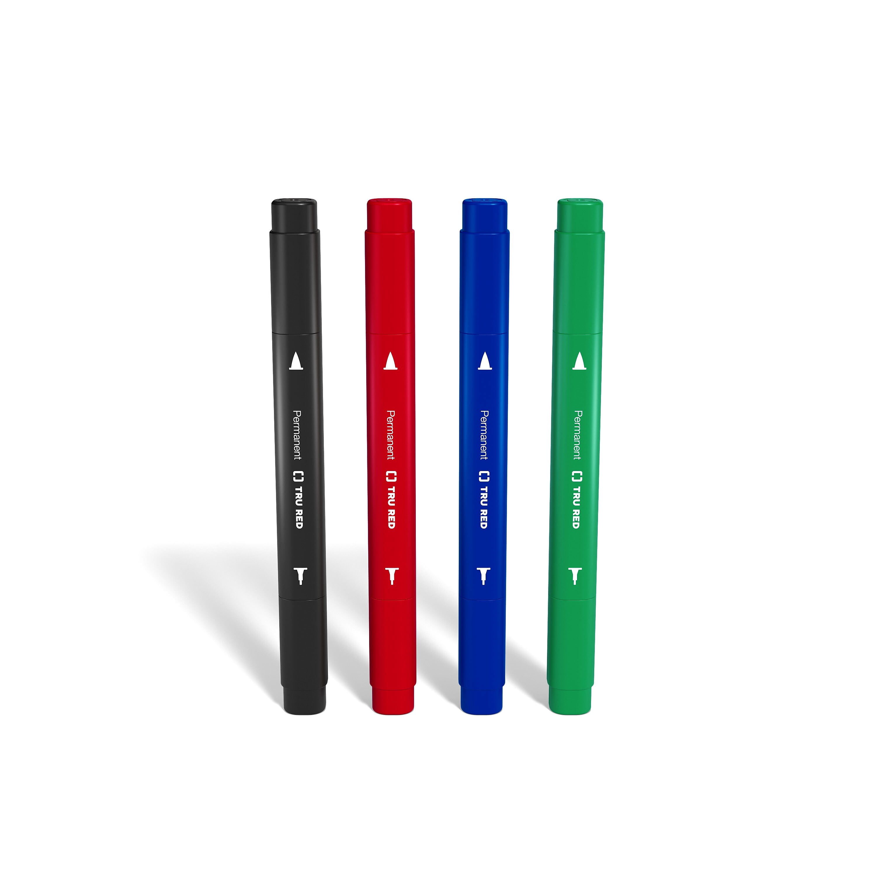 TRU RED Pen Permanent Markers, Twin Tip, Black/Red/Blue/Green, 4/Pack ...