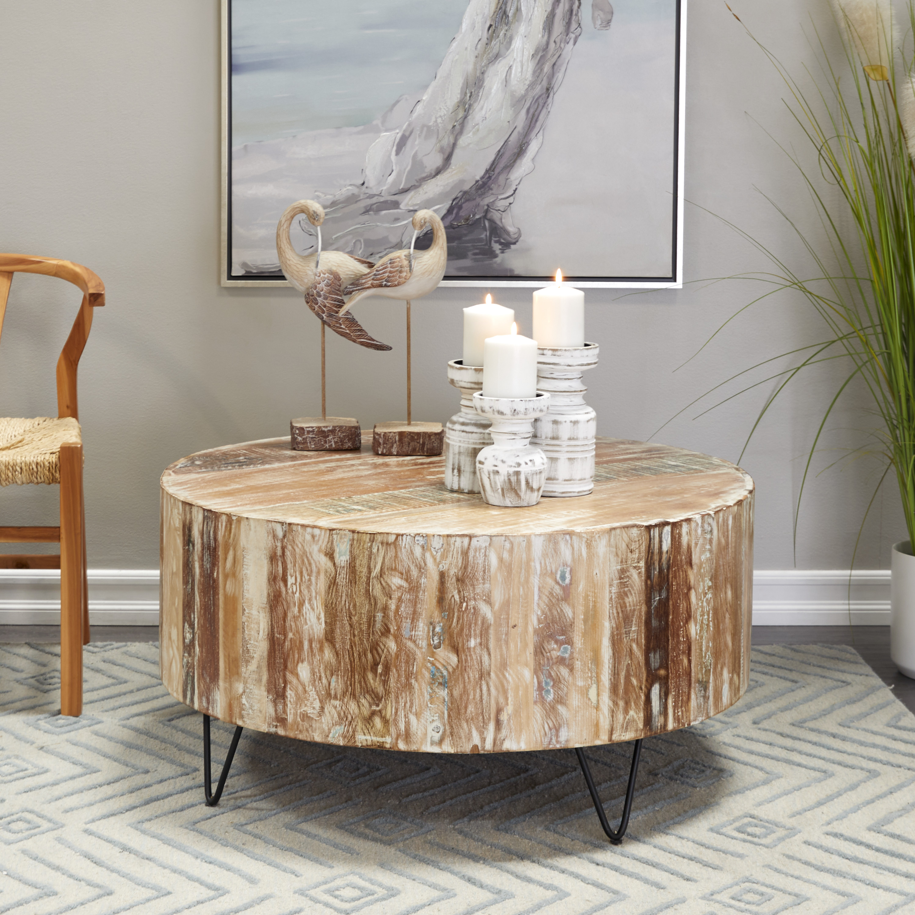DecMode Rustic Wood Round Coffee Table with V Shaped Legs and Organic ...