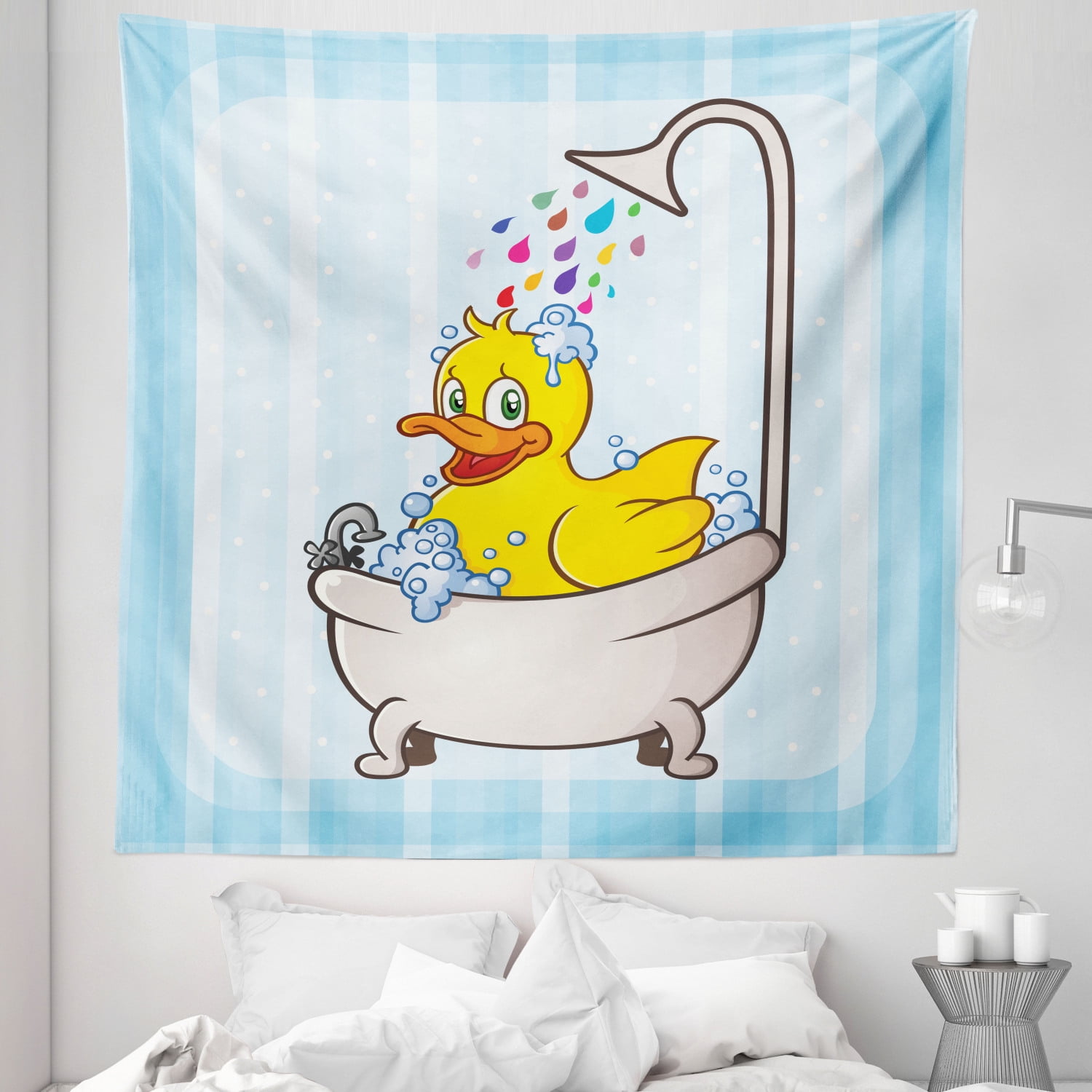 Duck Tapestry, Cartoon Character Taking a Bath Colorful Drops Backdrop ...