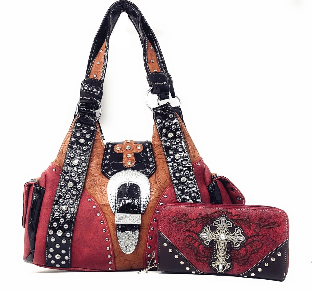 Western Rhinestone Cross Buclke Style Handbag Purse with Magnetic ...