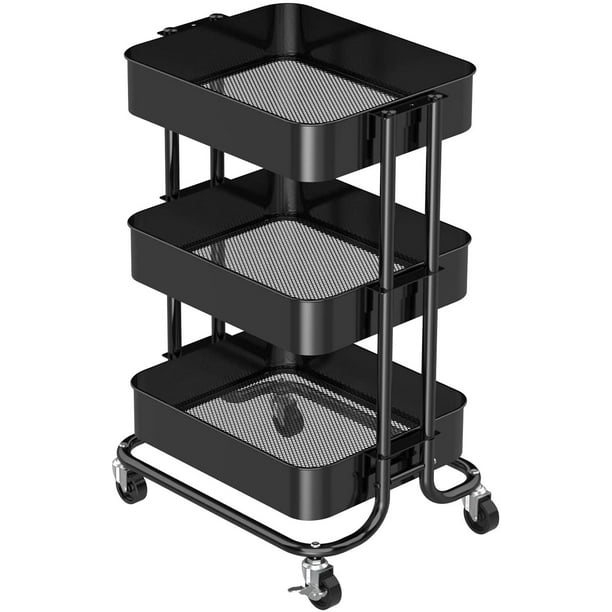 3 Tier Metal Rolling Utility Cart Heavy Duty Storage Cart With 2 Lockable Wheels