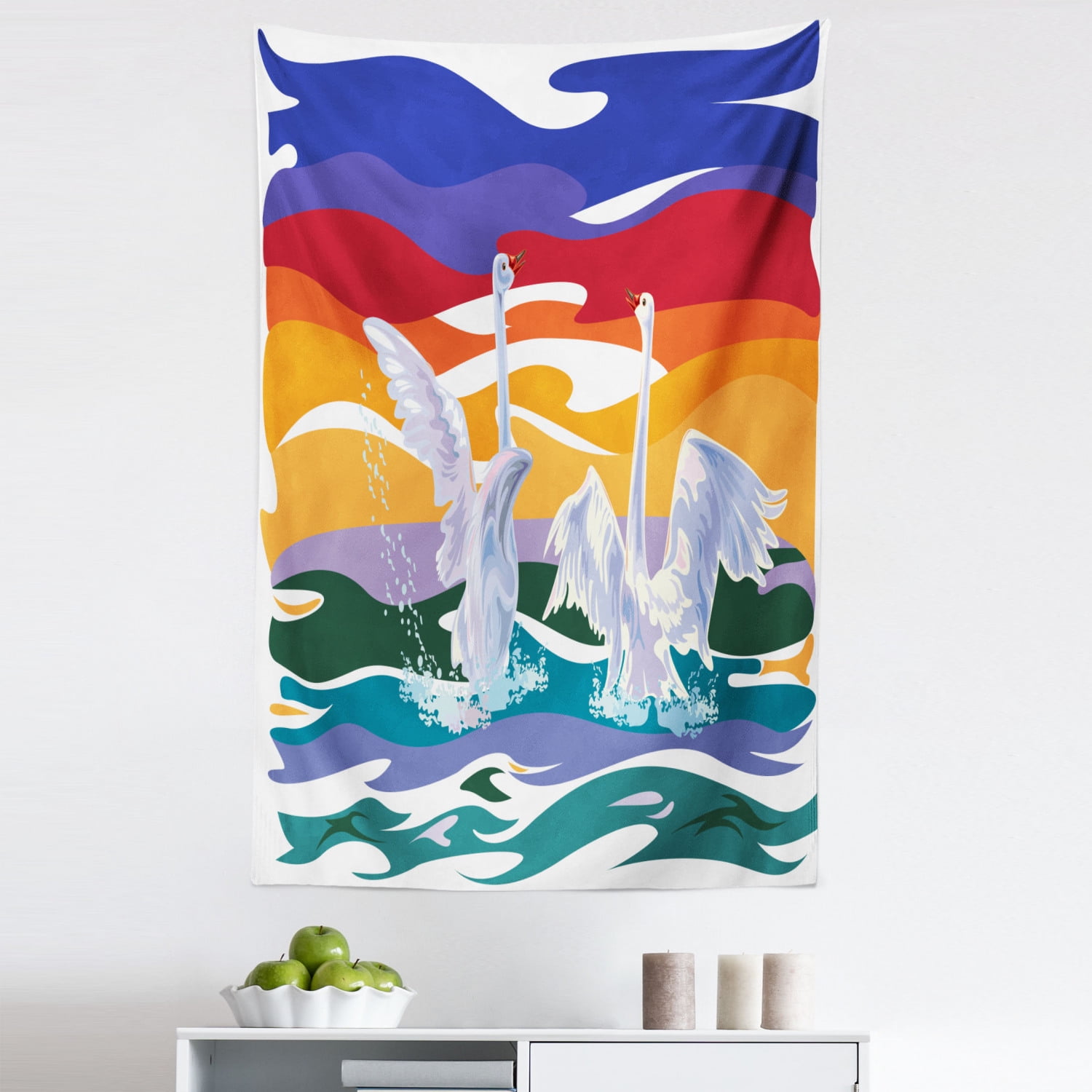 Animal Tapestry, Funky Style Image Swan Couple Swimming in Sea Rainbow ...