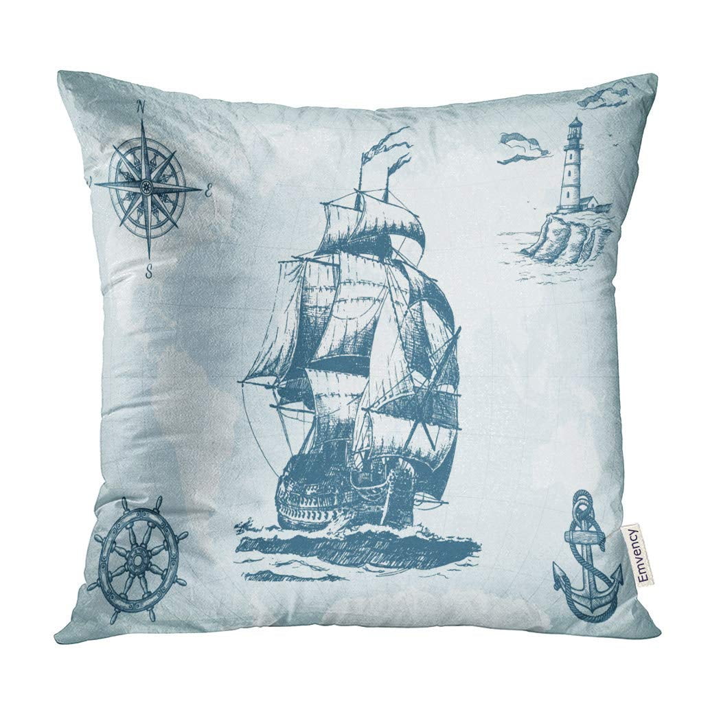 ECCOT Abstract Vintage Sailing Ship Lighthouse Wheel Anchor and World Map on Old Craft Pillow ...