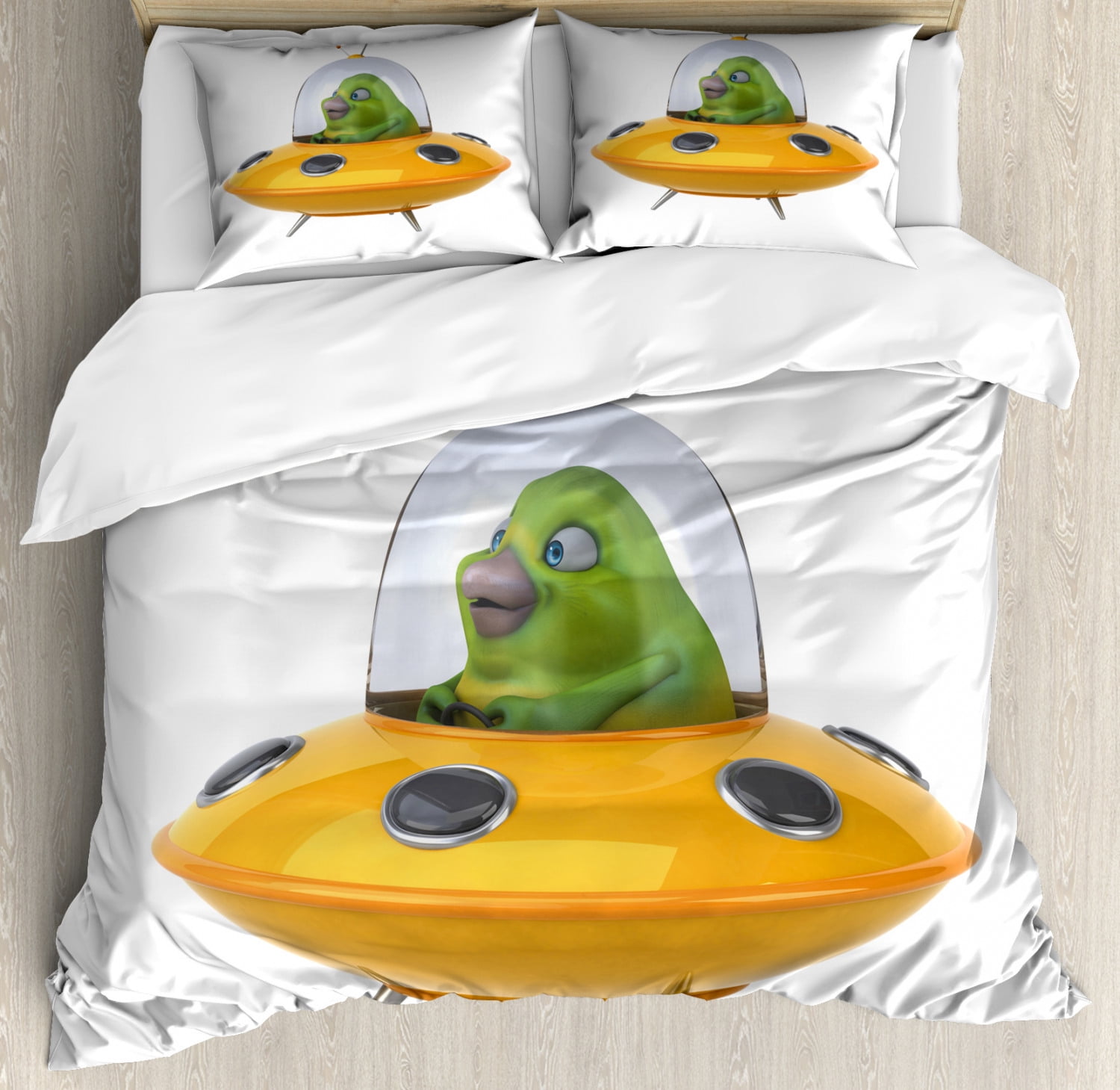 Alien Duvet Cover Set Queen Size, Funny Monster in a Spaceship ...