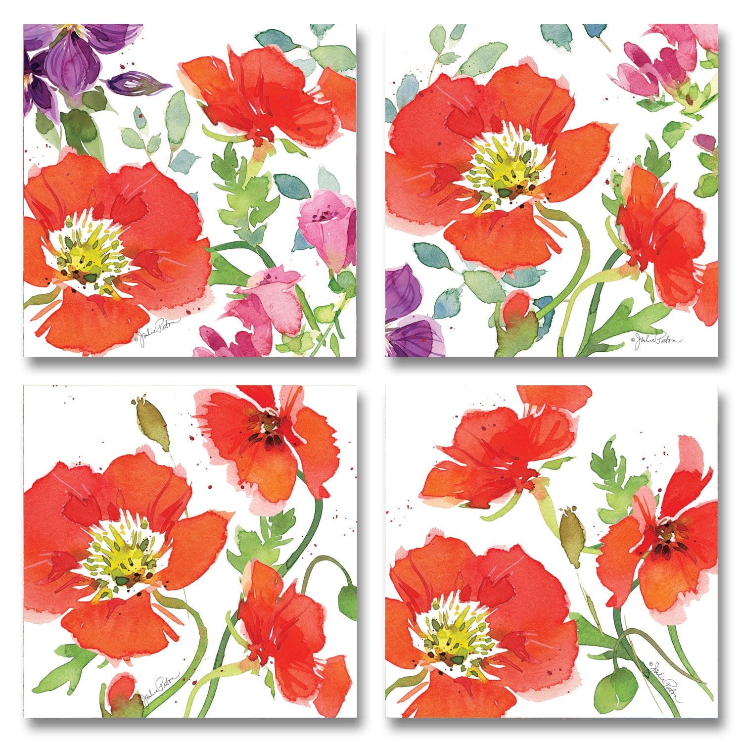 Beautiful, Vibrant, Vintage Red Poppies; Floral Decor; Four 12X12 ...