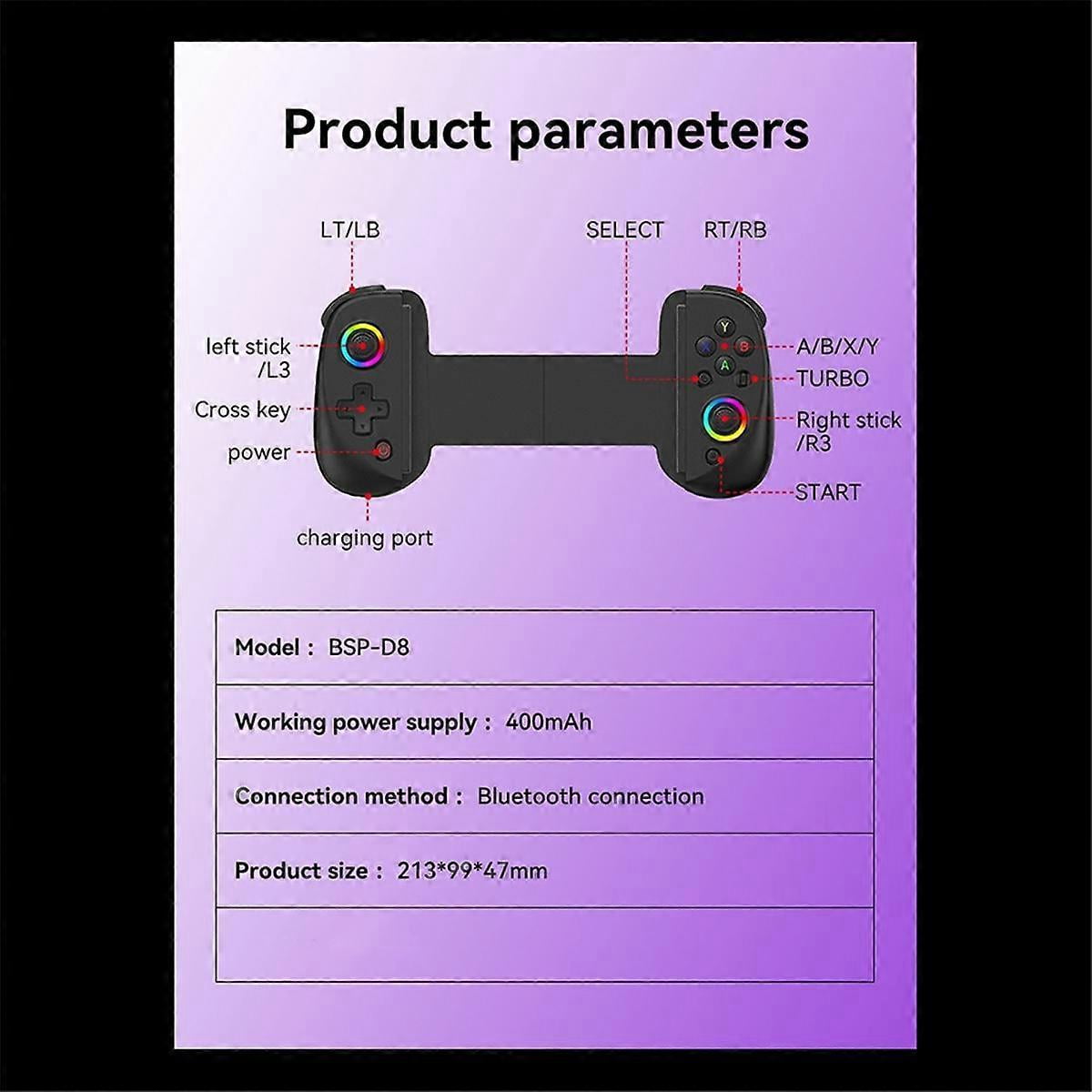 D8 Telescopic Game Controller RGB Light Mobile Game Controller with 6 ...