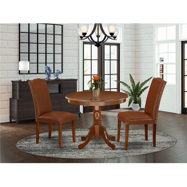 36 in. Antique Round Dining Table & 2 Parson Chair with Mahogany Leg ...