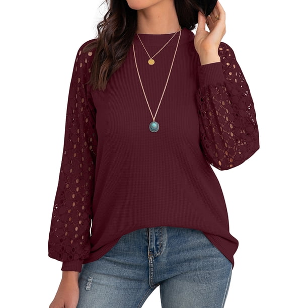 SHOWMALL Women's Trendy Waffle Knit Blouse Puff Long Sleeve Hollow-Out ...