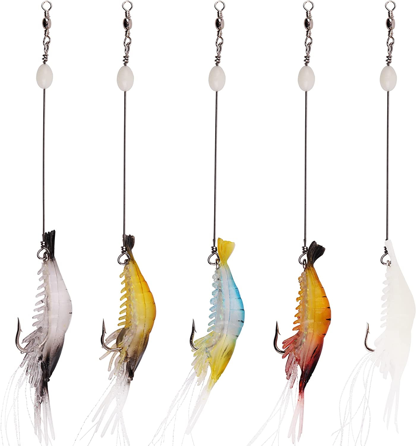 Soft Shrimp Lures Set, 5pcs Fishing Luminous Shrimp Lure with Sharp Hooks Beads Fishing Tackles ...
