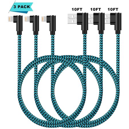 Right Angle iPhone Charger 10 FT 90 Degree Lightning Cable 3 Pack Nylon ...