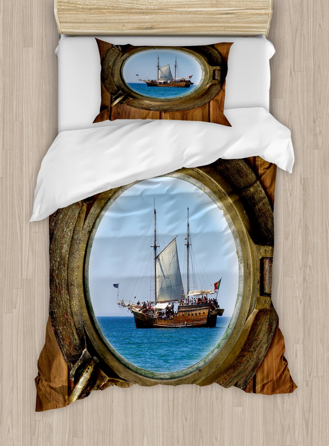 Marine Duvet Cover Set Twin Size, Ship Window with a Tourist Cruise ...