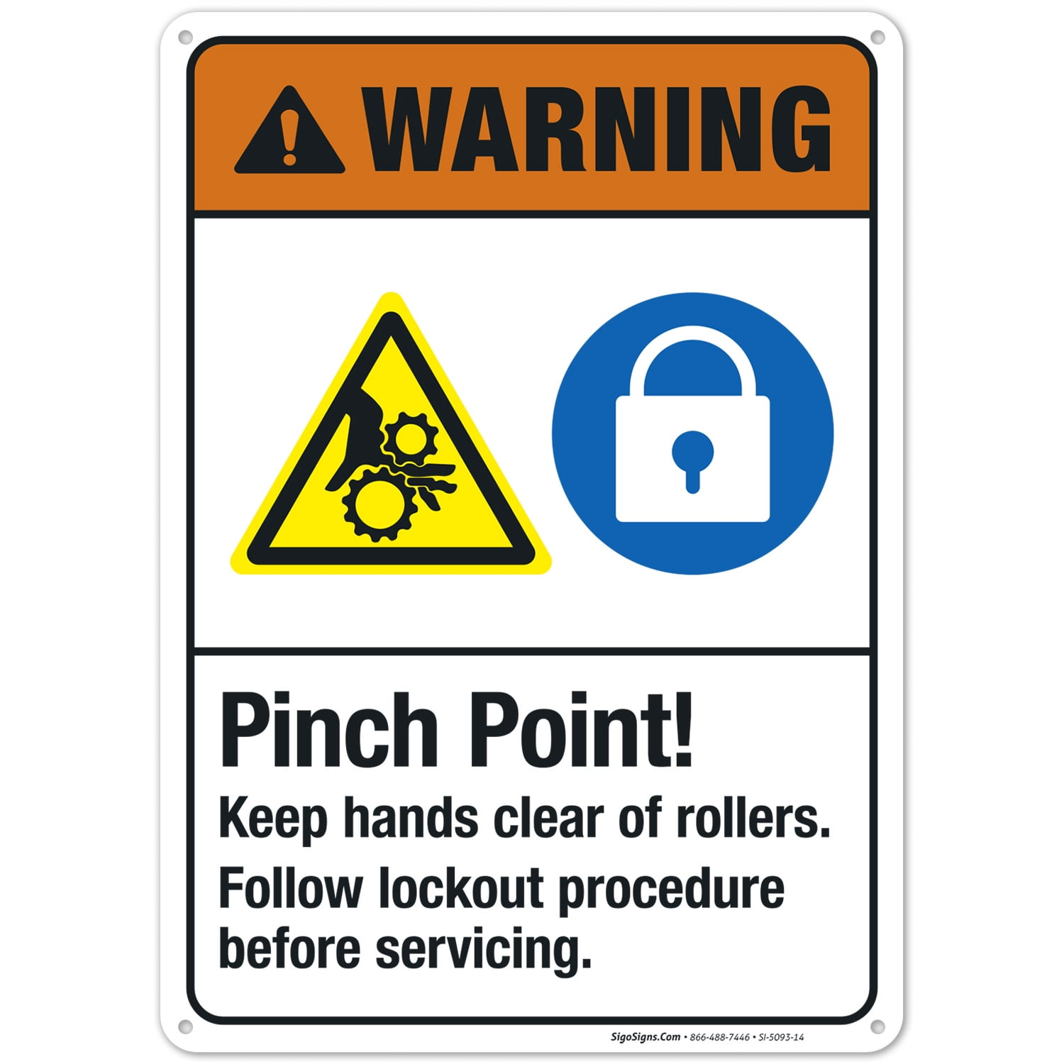 Pinch Point Keep Hands Clear Of Rollers Follow Lockout Sign, ANSI ...