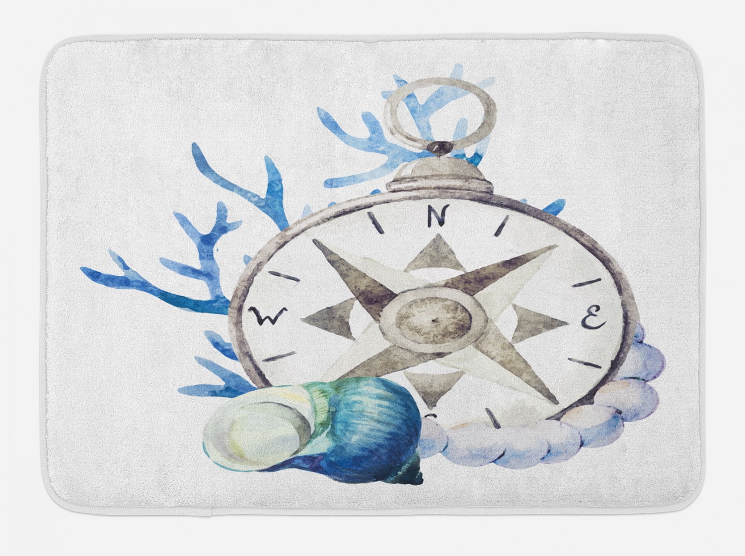 Compass Bath Mat, Watercolor Marine Life Theme Seashell Compass ...