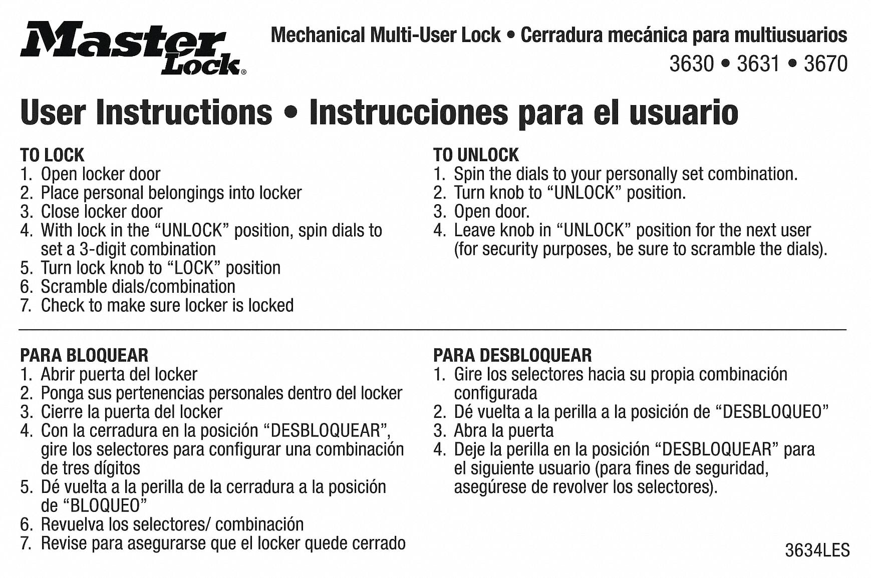 Master Lock Master Lock, Instruction Sticker,PK10 3634LES - Walmart.com