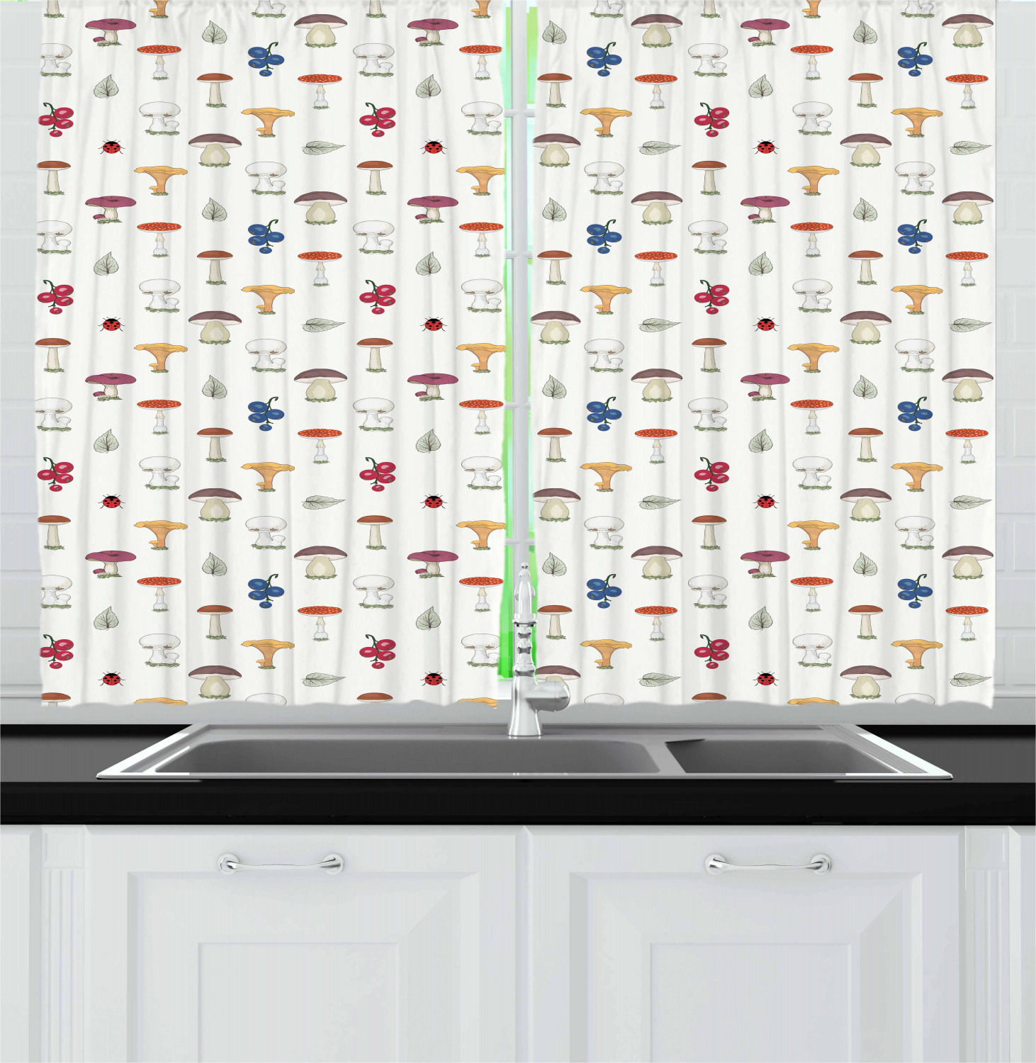 Mushroom Curtains 2 Panels Set, Chanterelles Button and Wild Fungus ...
