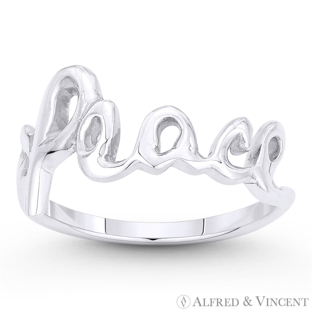 "Peace" Word Cursive Script Right-Hand Stackable Ring in .925 Sterling ...