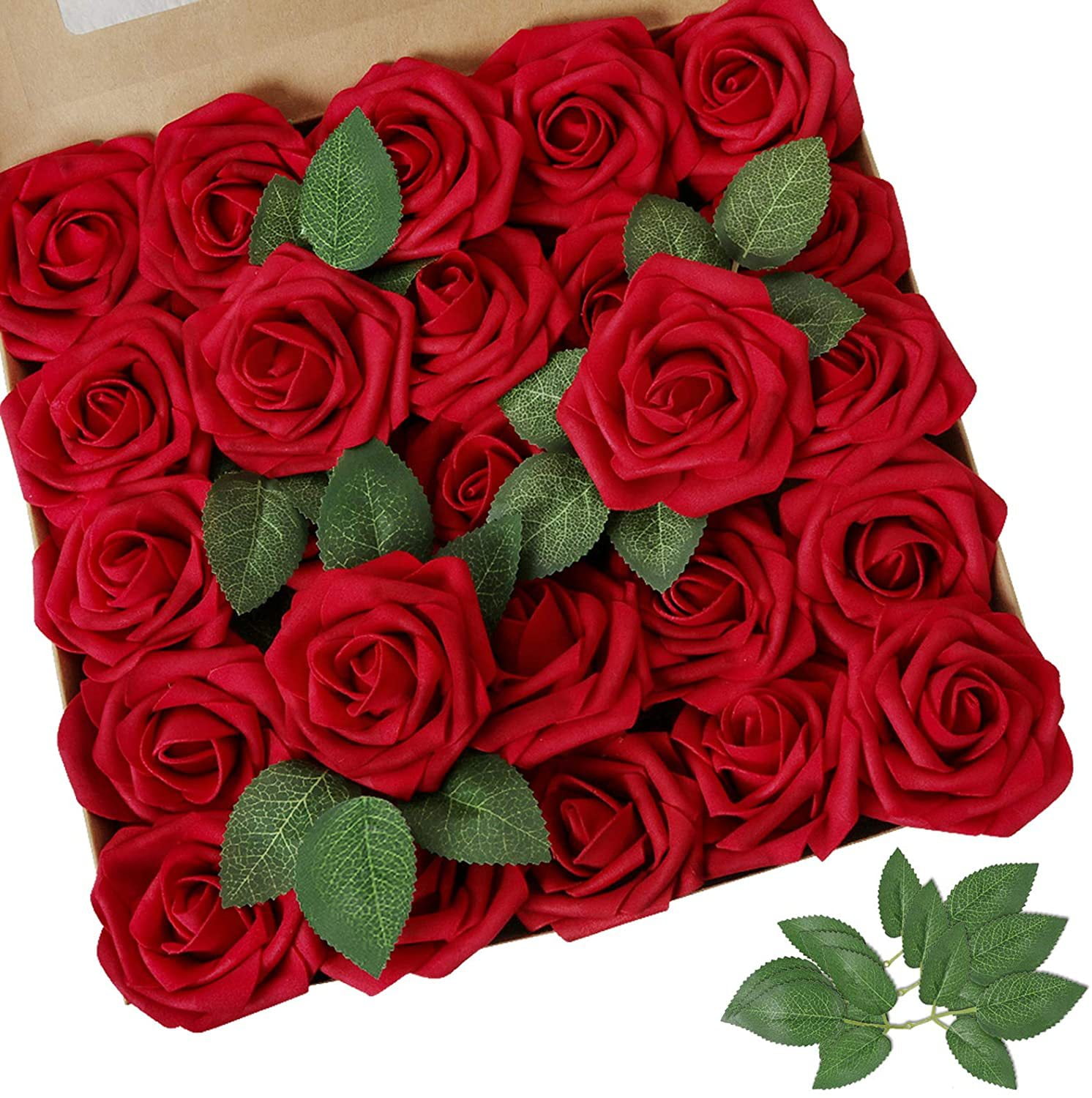 25Pcs Red Roses Artificial Flowers, Dark Red Fake Roses Real Looking ...