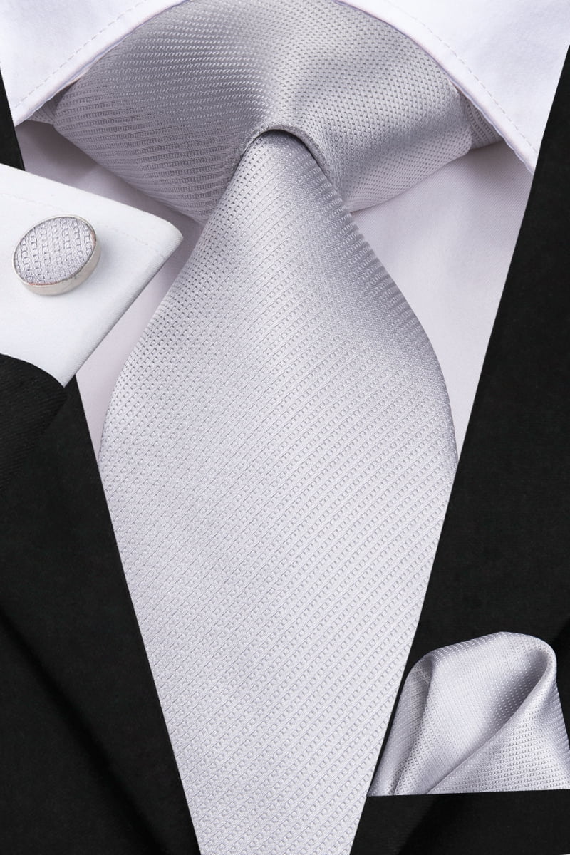 Hi-Tie Mens Silver Tie Set Woven Light Gray Silk Necktie Wedding ...