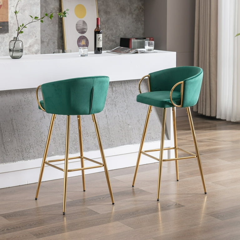 26 inch Modern Design Velvet Fabric Bar Stools with Chrome Footrest Golden Base Simple High Bar Stool for Kitchen Set of 2 Green
