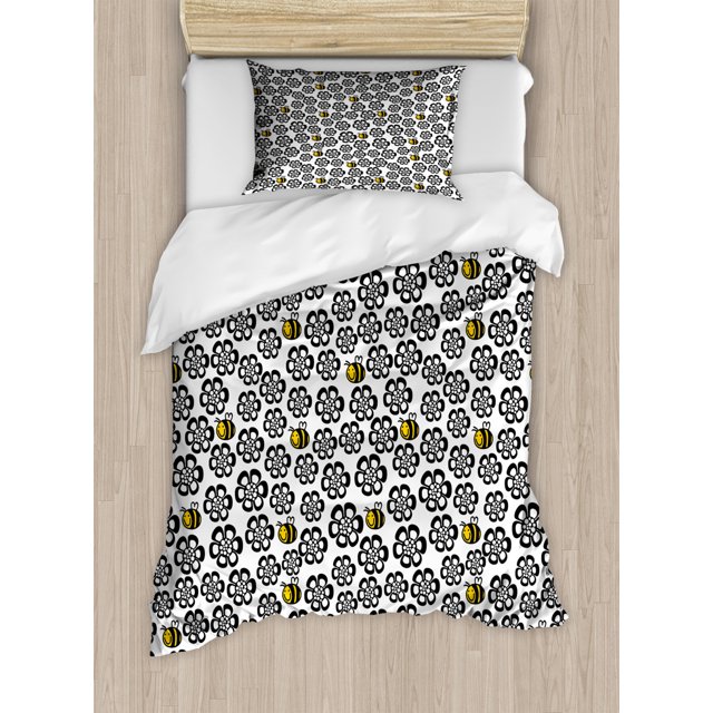 Bee Twin Size Duvet Cover Set, Silhouette Floral Pattern with Colored ...