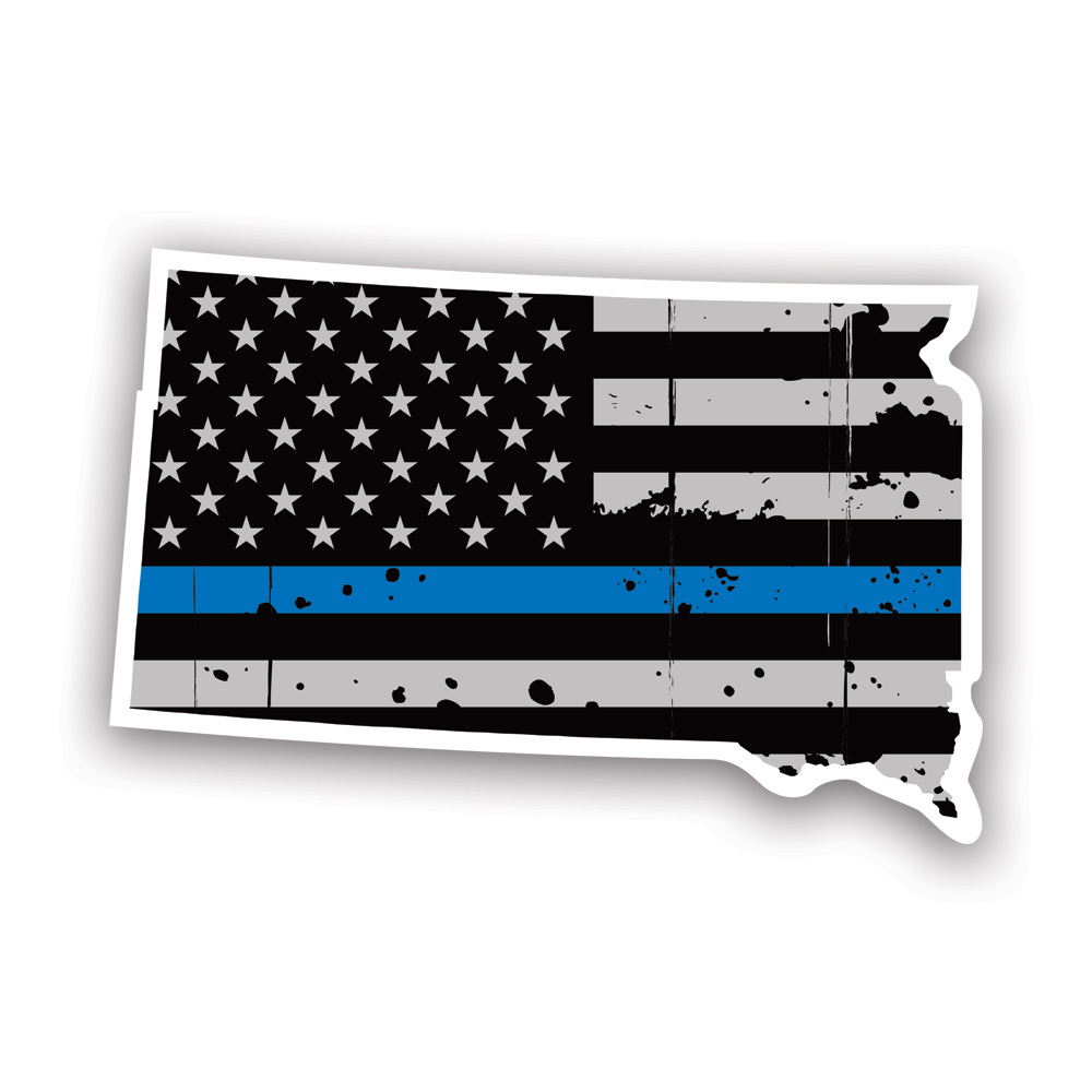 Distressed Thin Blue Line South Dakota State Shaped Subdued US Flag Sticker Decal - Self ...