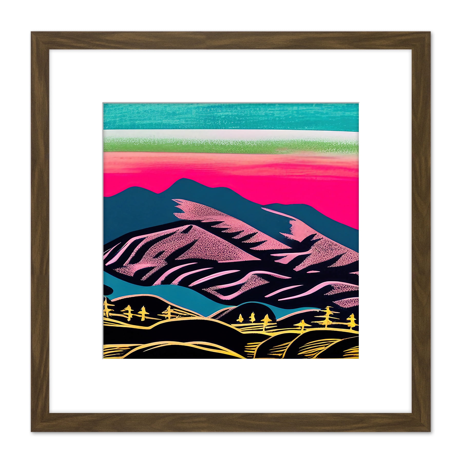 Countryside Morning Hills Landscape Colourful Pastel Linocut ...