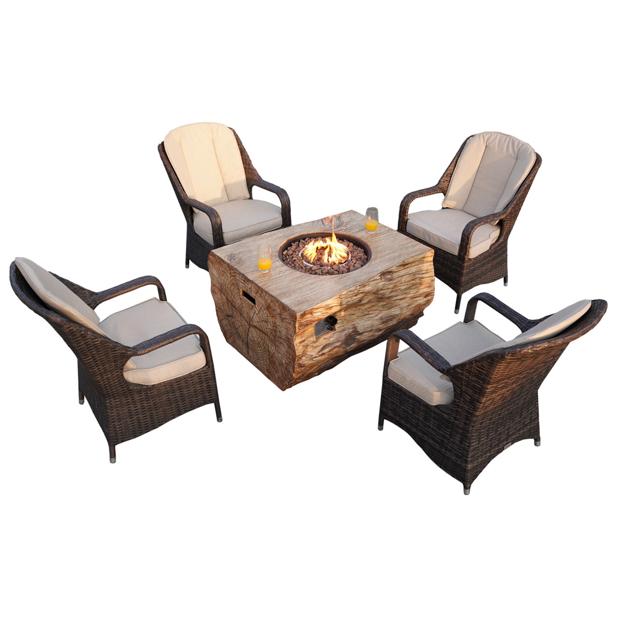 5-Piece Gas Fire Table Set with 4 Brown Rattan Chairs, Outdoor ...