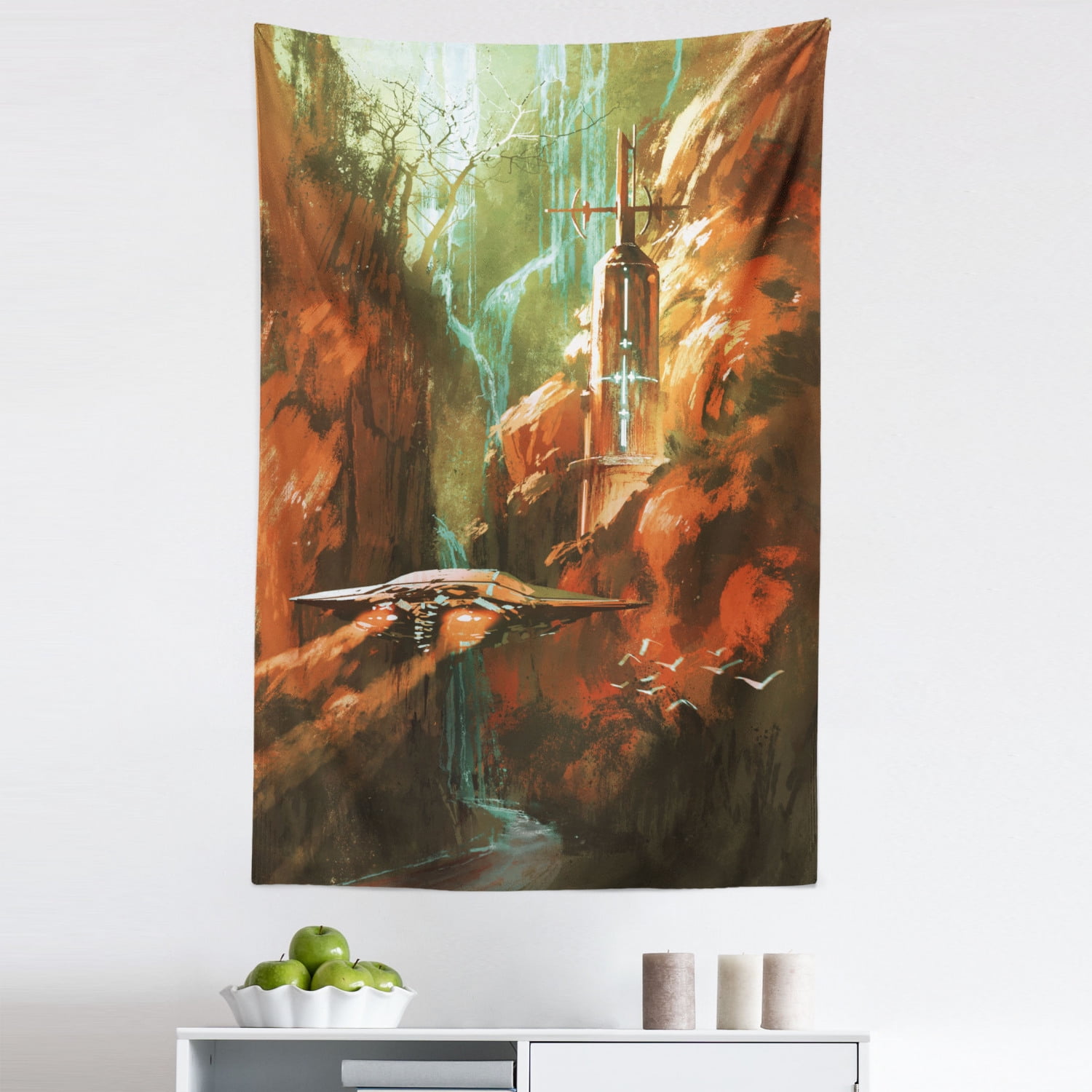 Fantasy Tapestry, Spaceship on Background of Waterfall Lighthouse and ...
