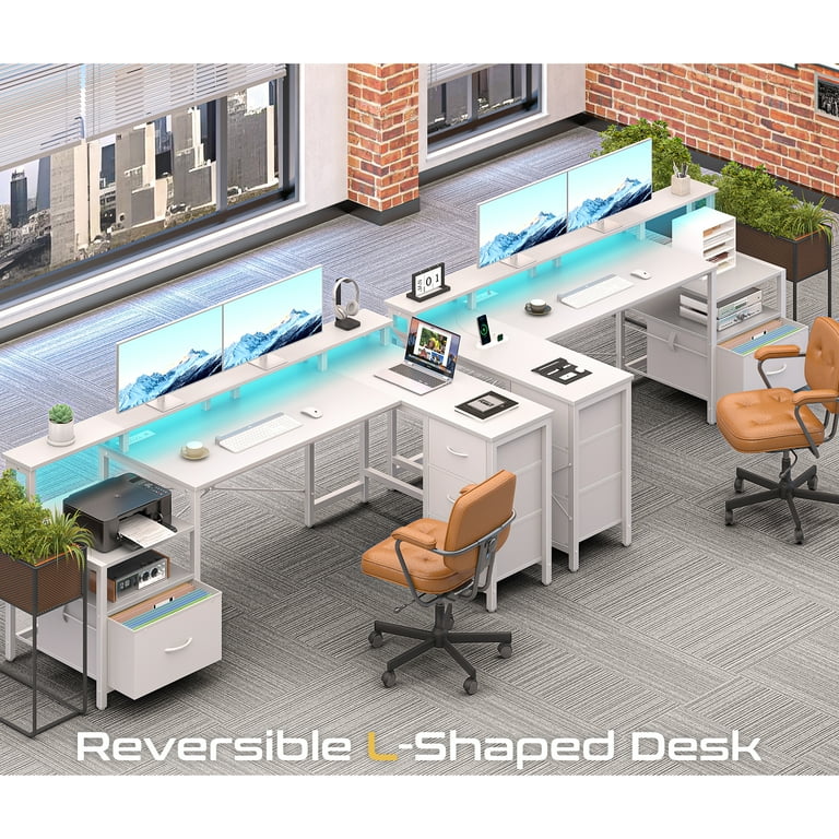 Yoobure L Shaped Desk with Drawers Gaming Desk with LED Lights Outlets 75 Reversible Computer Desk with Storage Monitor Stand Corner Desk with