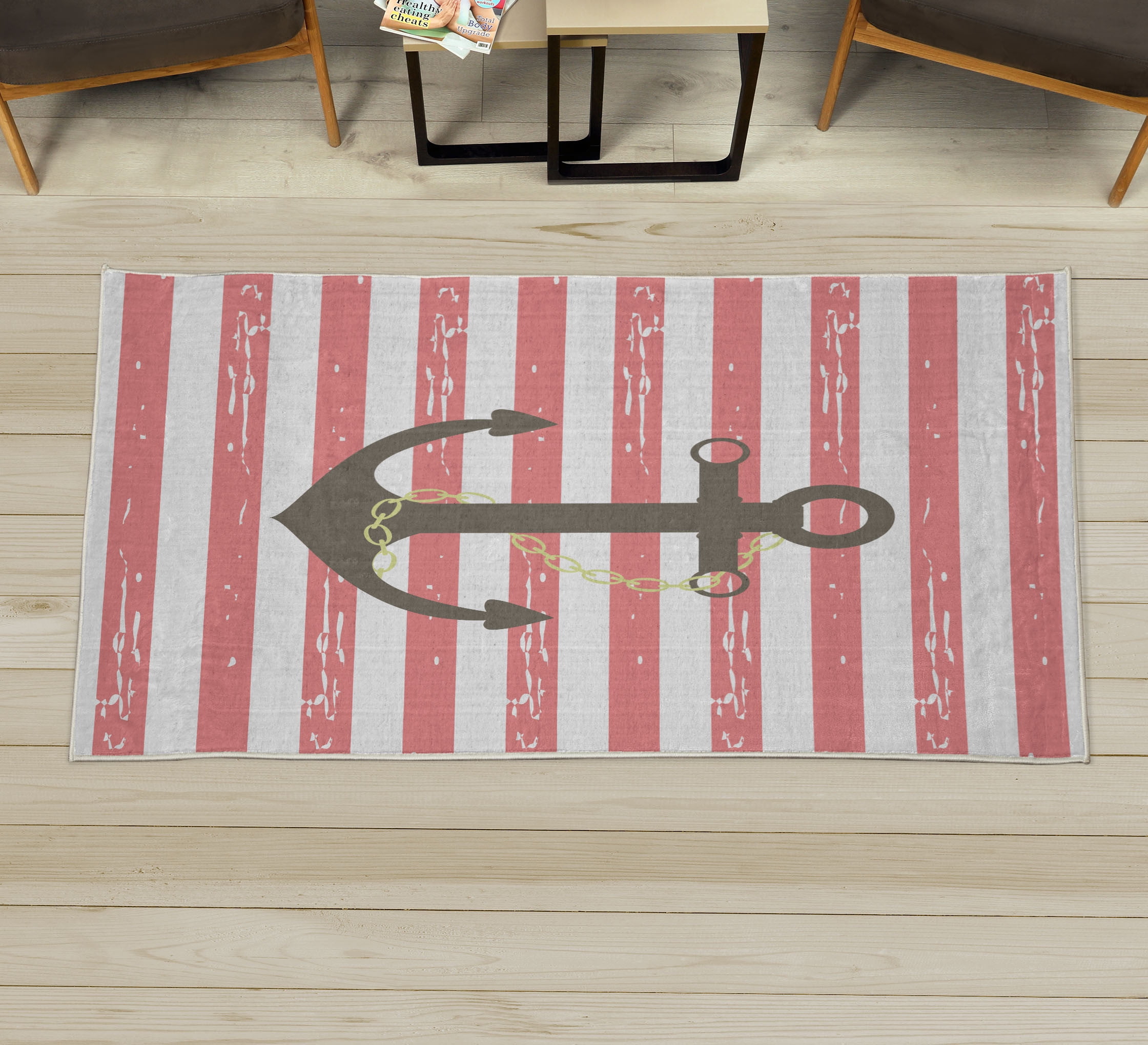 Striped Decorative Rug, Ship Anchor Chain Marine Life Inspired Lines ...