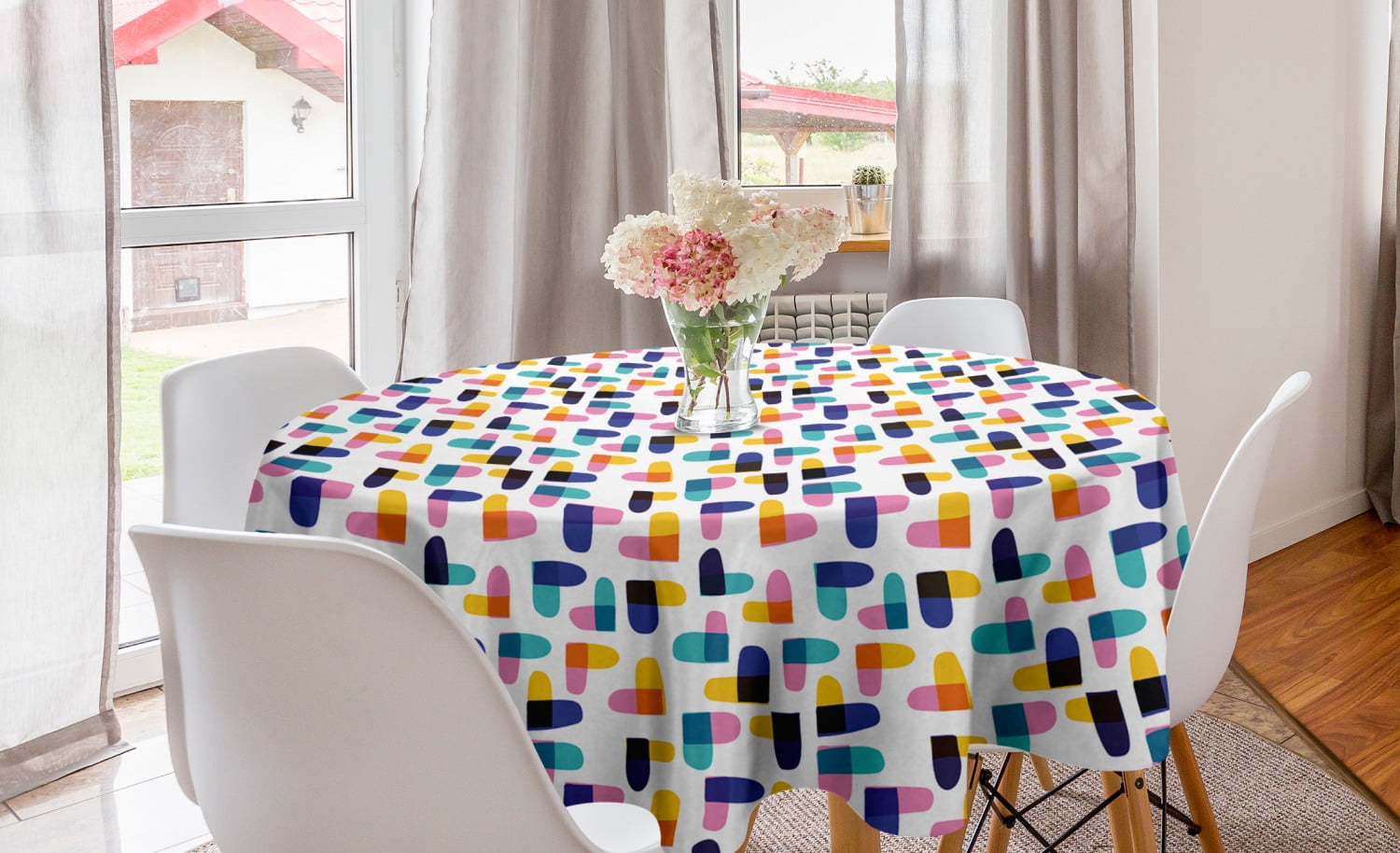 Colorful Round Tablecloth, Modern Colorful Doodle Style Whimsical Heart ...