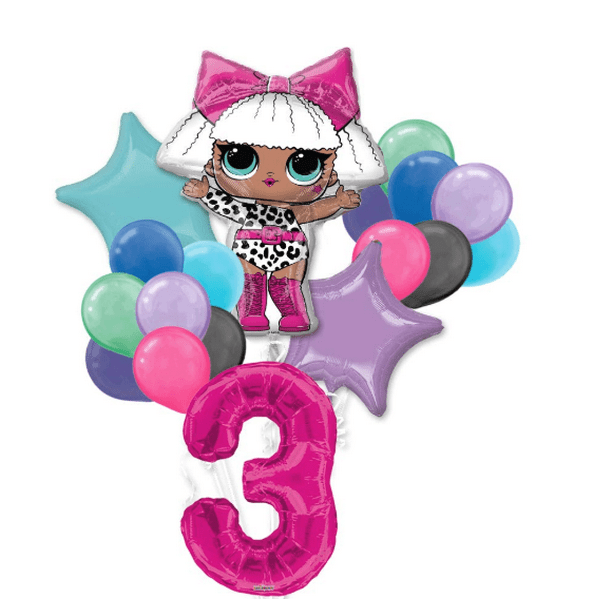 LOL Round Balloon Bouquet 18 pc, 3rd Birthday, Hot Pink Number 3 Jumbo ...