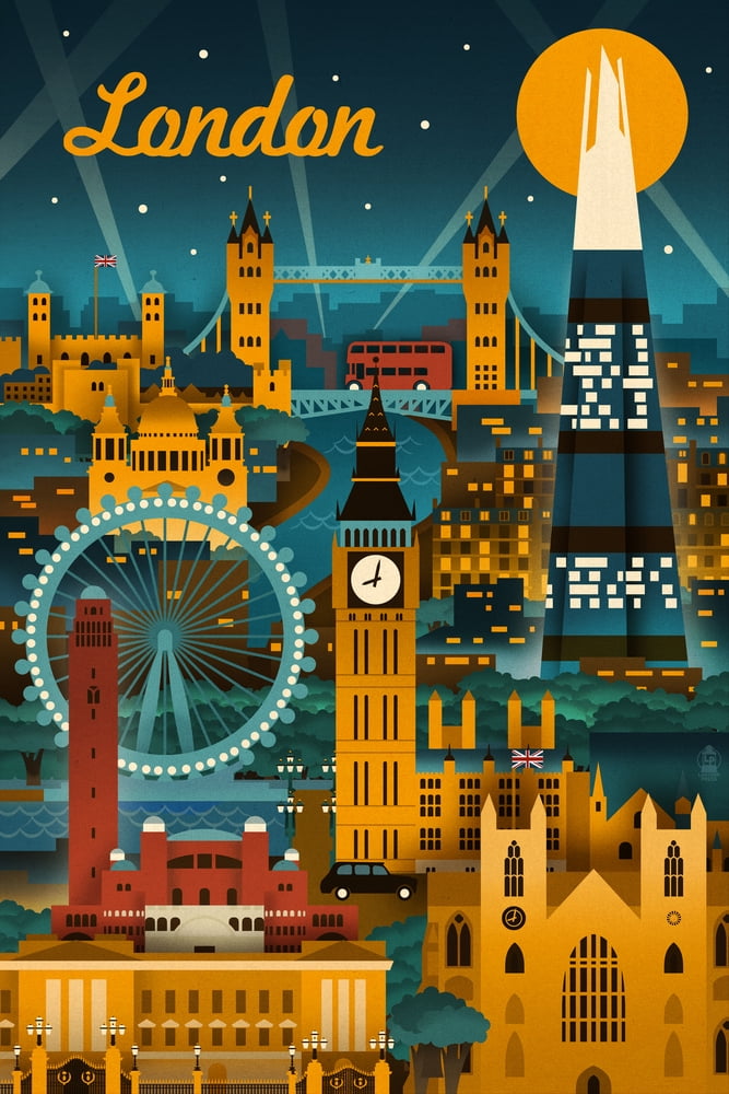 London, England, Retro Skyline (12x18 Wall Art Poster, Room Decor ...