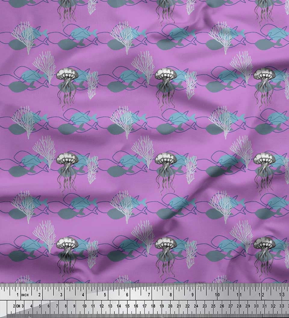 Soimoi Satin Silk Fabric Fish,Coral & Jellyfish Ocean Print Fabric by ...