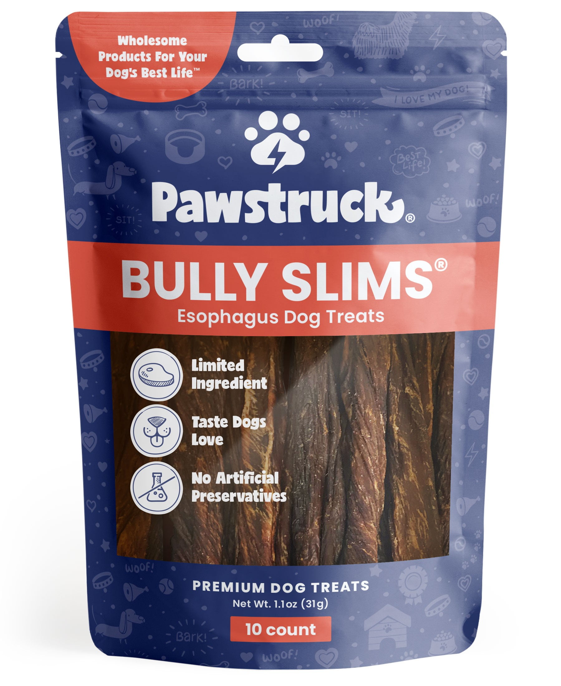 Pawstruck Natural Beef Bully Slims Gullet Chew Sticks for Dogs, 10 ...