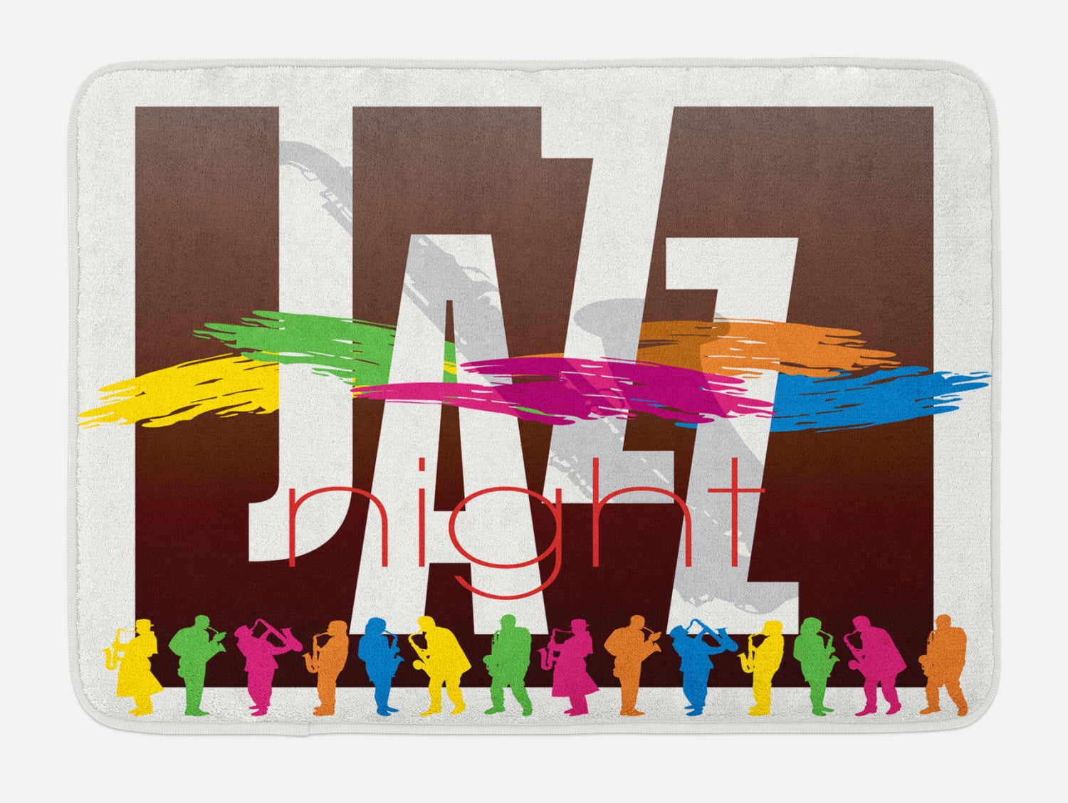 Music Bath Mat, Colorful Jazz Sign with Various Performer Silhouettes ...