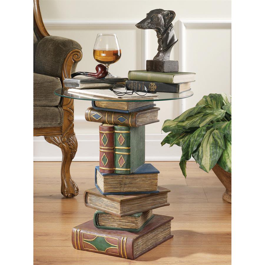 Design Toscano Stacked Volumes Sculptural Glass-Topped Book Table ...