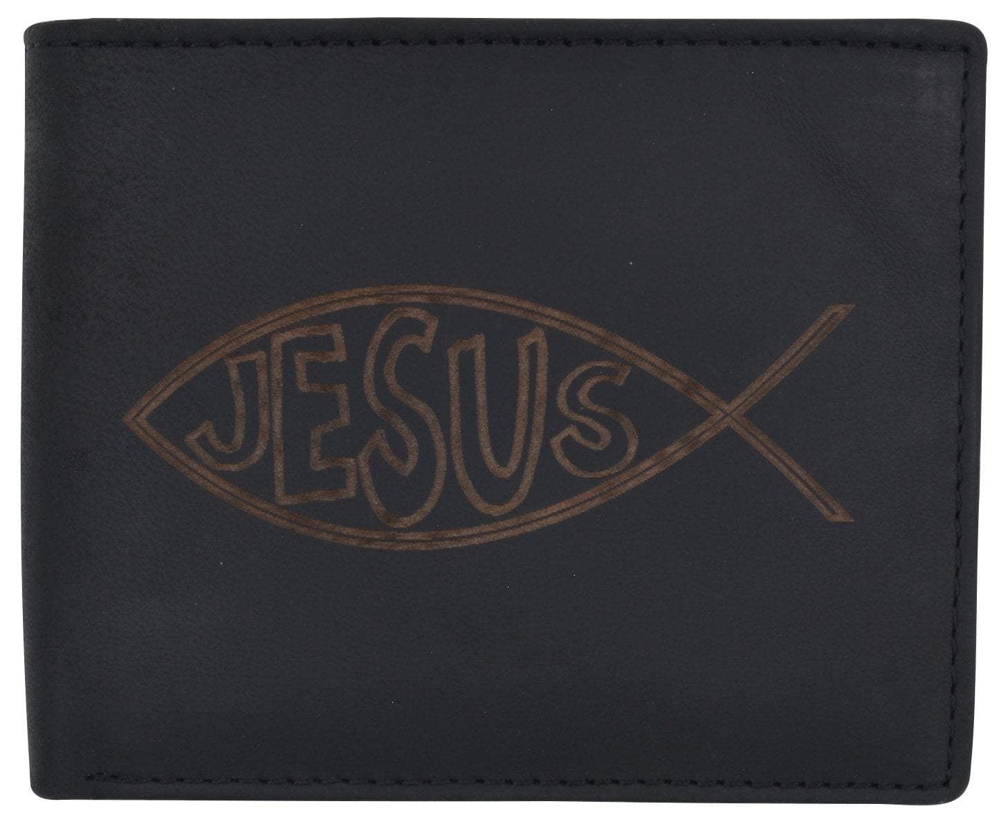 New Men's RFID Jesus Printed Logo Genuine Leather Bifold Wallet ...