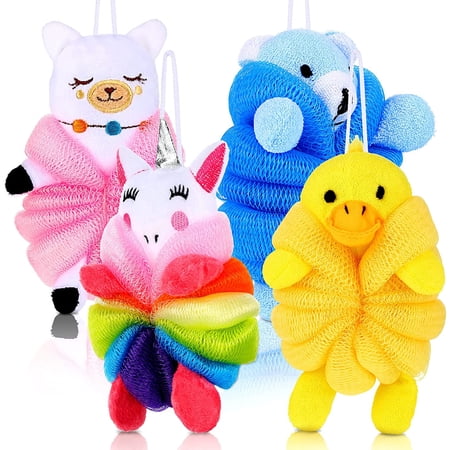 4 Pieces Animal Bath Loofahs Kids Body Loofahs Cartoon Shower Loofahs ...