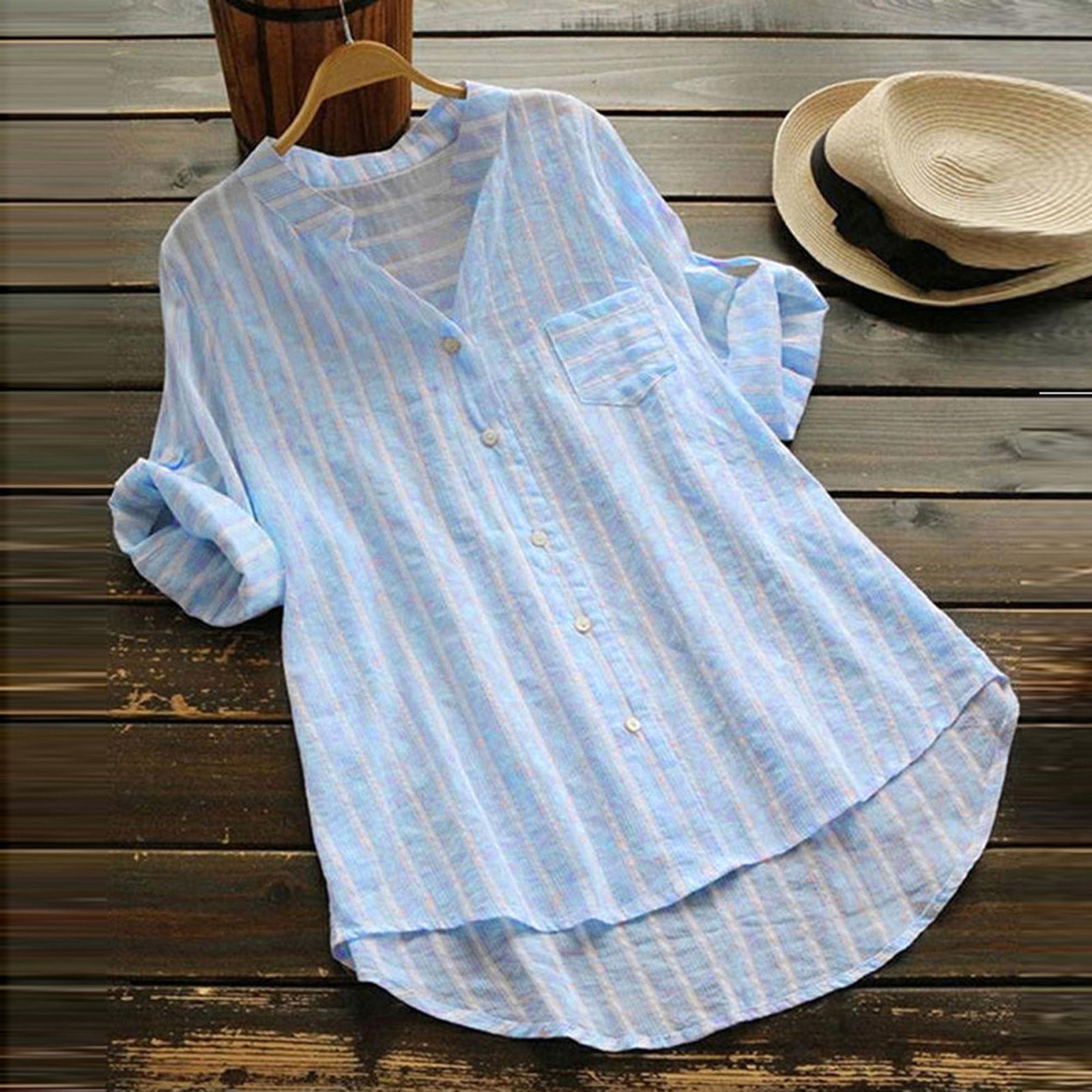 Click here for Cehvom Women Summer Fashion Loose V-Neck Stripe Pr... prices