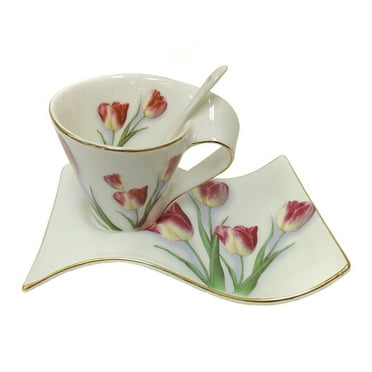 Tea Cup and Saucer Set of 6 (12 pieces), Floral Tea Cups, 8 Oz.Bone China Porcelain - Walmart.com