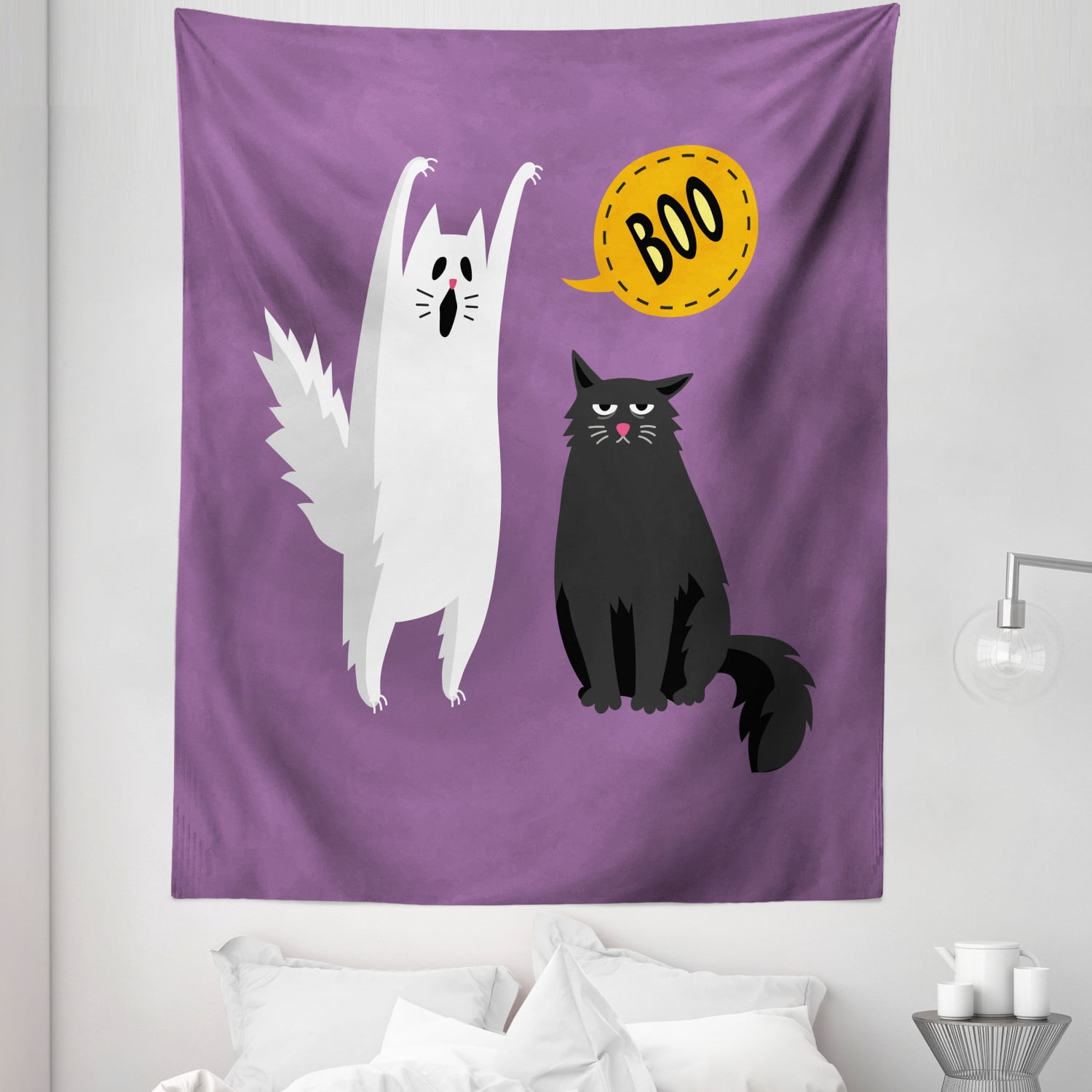 Halloween Tapestry, Funny Scene of Ghost White Cat Says Boo to Bored ...