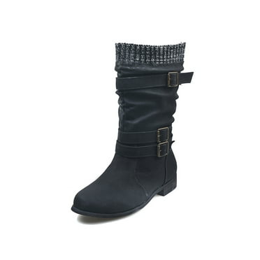 ANUFER Girls Womens Fashion Knee High Lace-Up Canvas Boots Pure Black ...