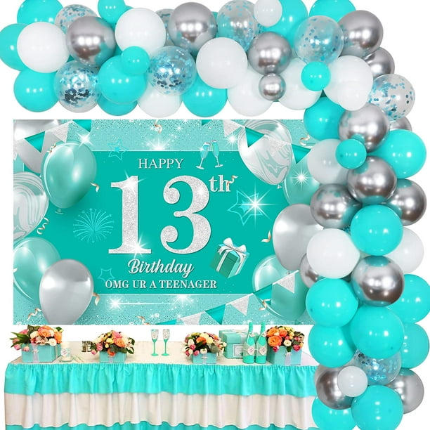 Teal Blue 13th Birthday Decorations, Sweet Turquoise Sliver Backdrop ...