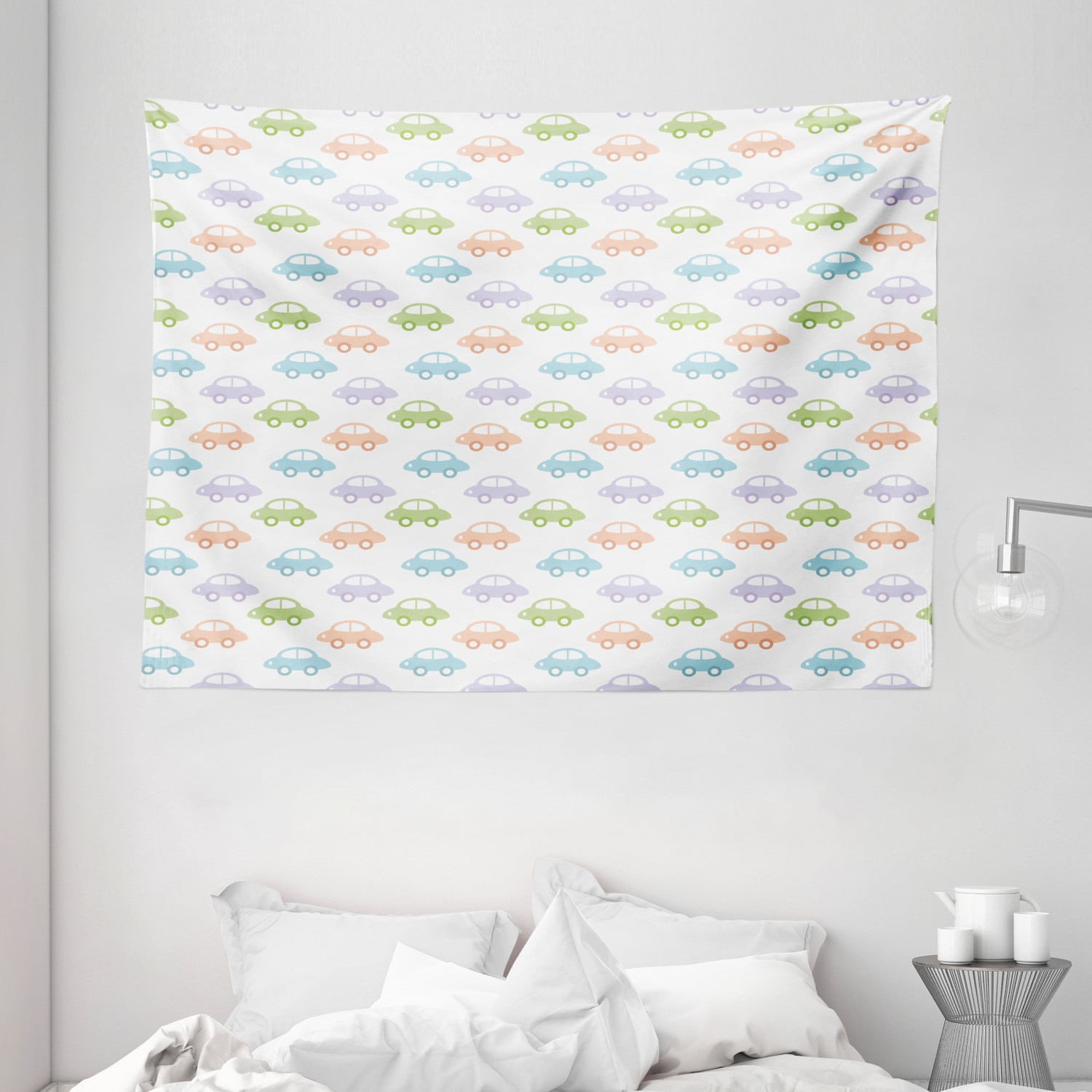 Cars Tapestry, Simple Automobiles in Pastel Colors Childhood Game Icons ...