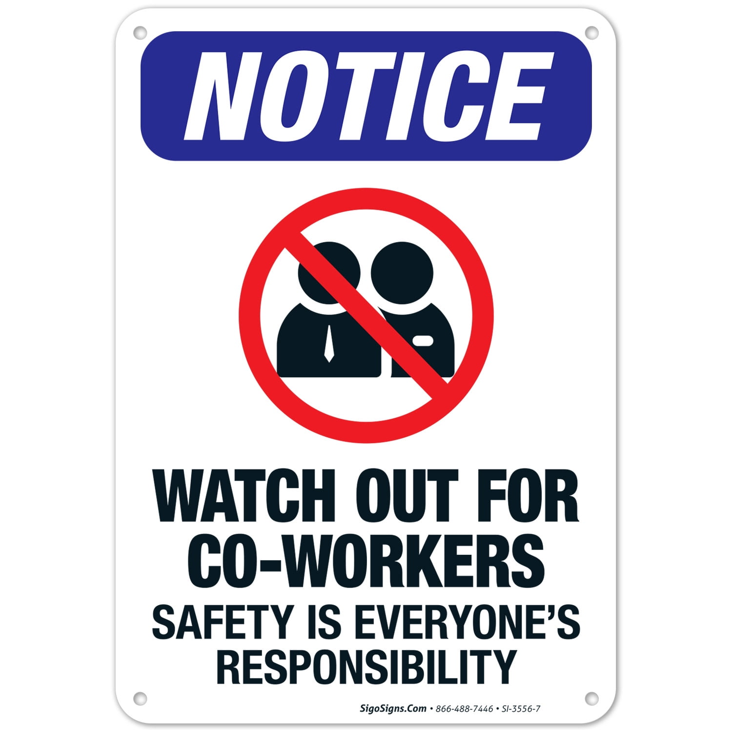 Watch Out For Co-Workers Sign, ANSI Notice Sign, 10x7 Aluminum ...
