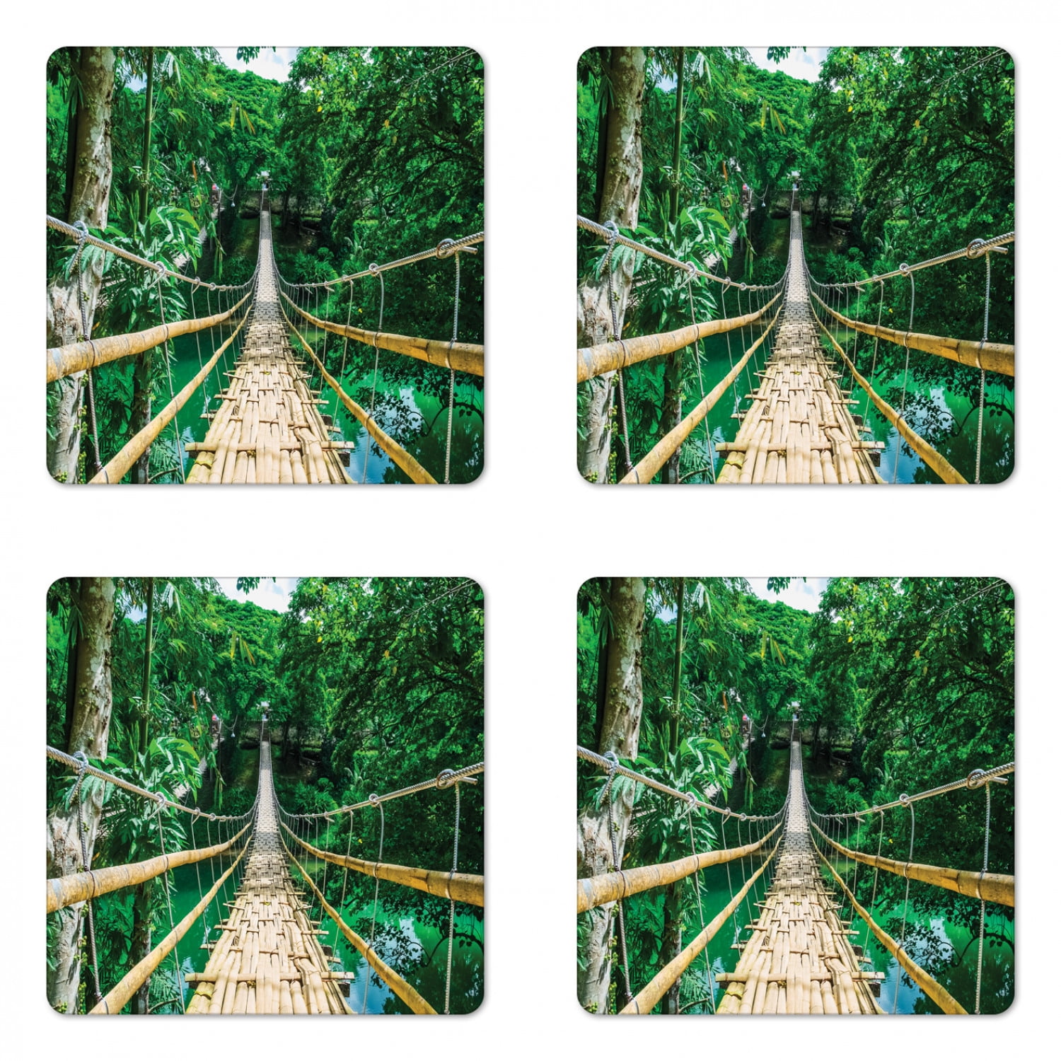 Tropical Coaster Set of 4, Bamboo Pedestrian Suspension Bridge over ...