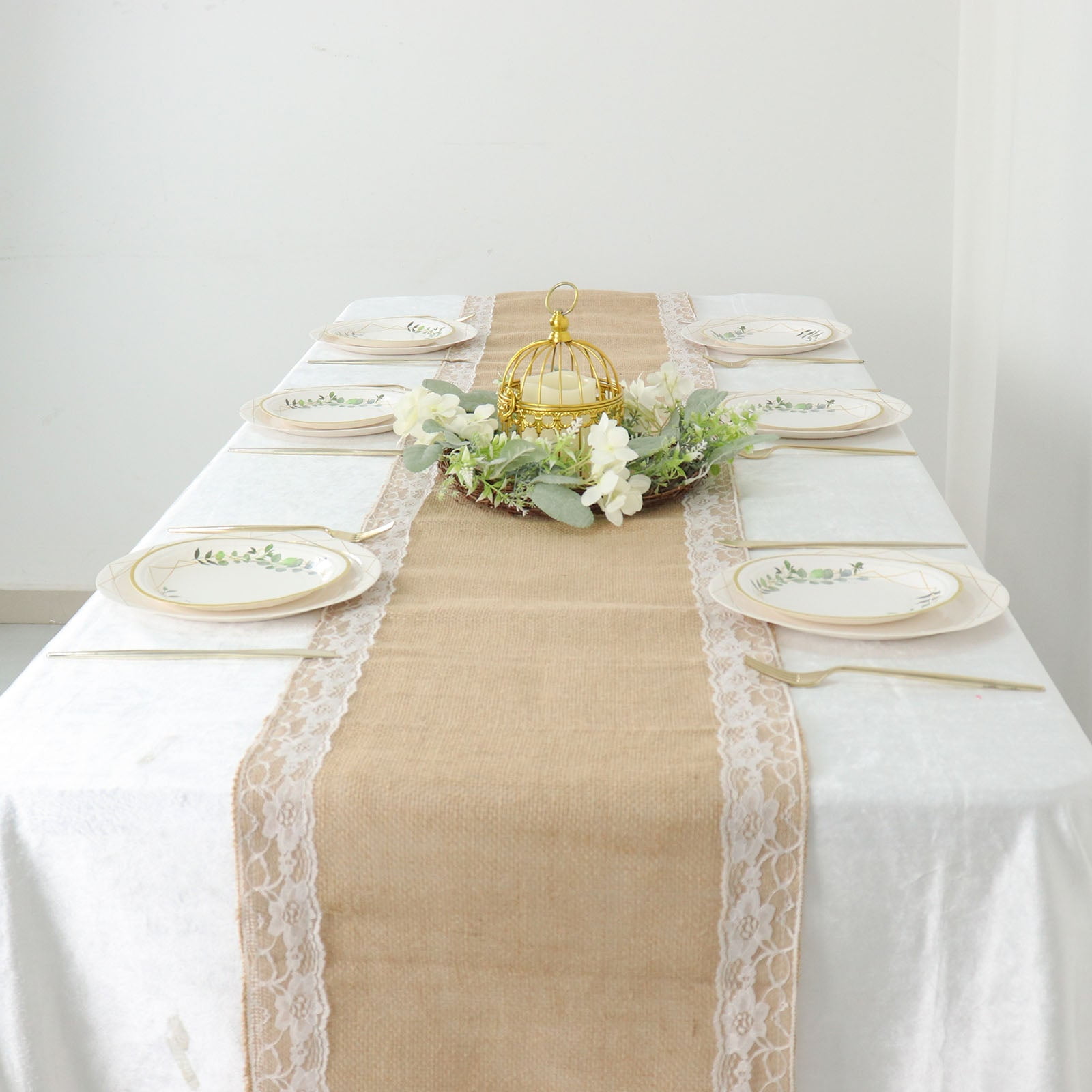 Efavormart 14"X104" Natural Jute Burlap Table Runner With White Lace ...