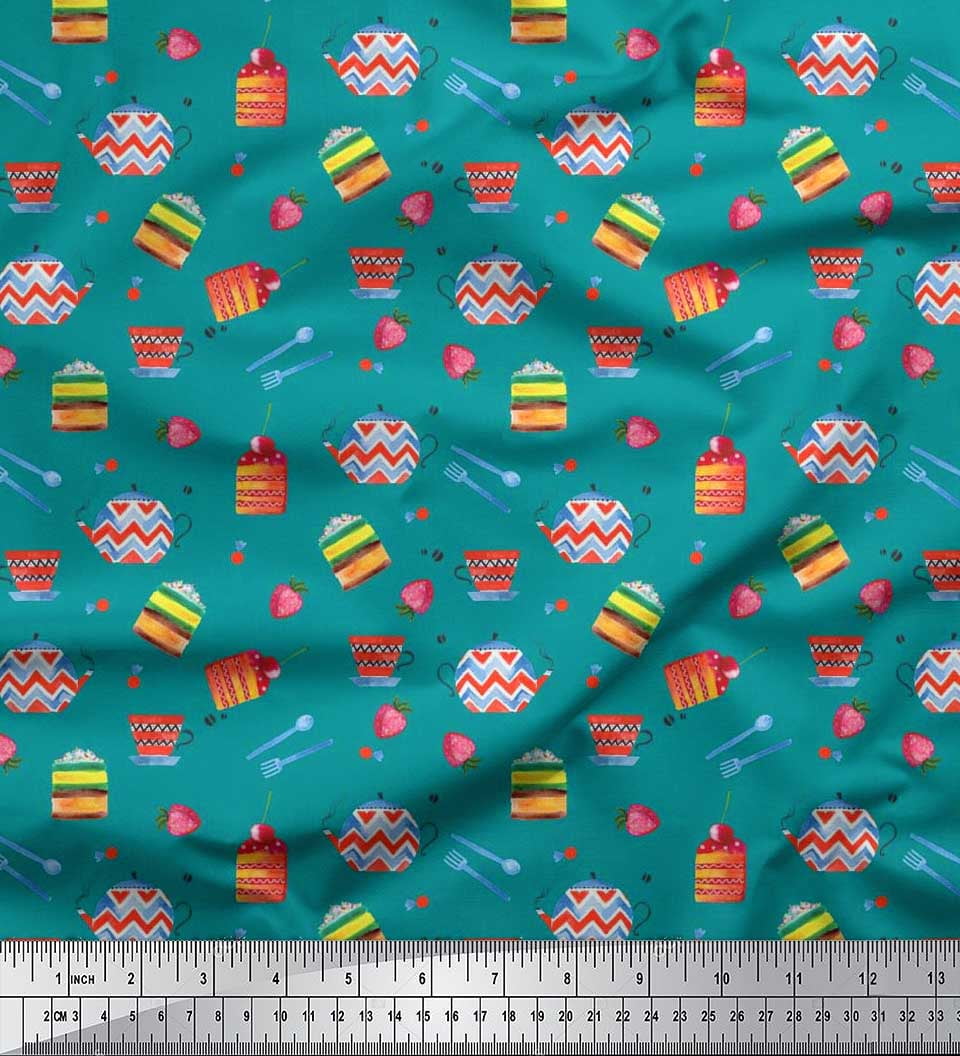 Soimoi Satin Silk Fabric Cup,Kettle & Cake Slice Food Fabric Prints by ...