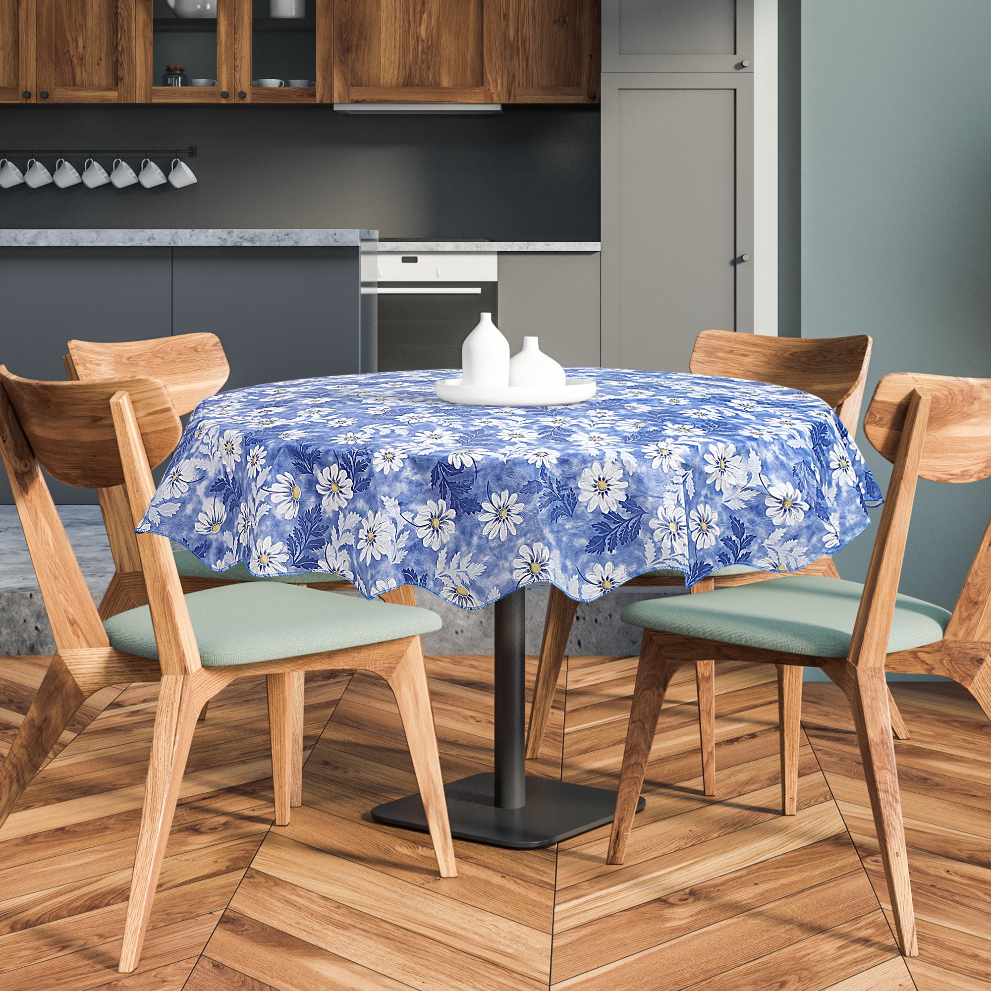 PiccoCasa Vinyl House Tablecloth Round 60" Dia Blue Flower Pattern ...